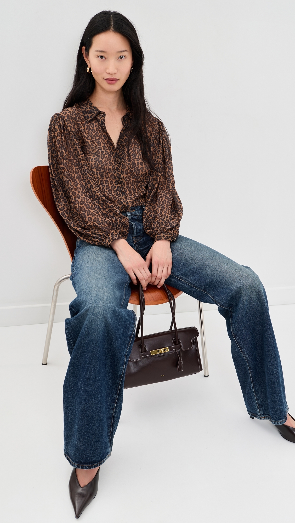 FRAME FRAME Silk Prairie Shirt with Leopard Print and Puff Sleeves